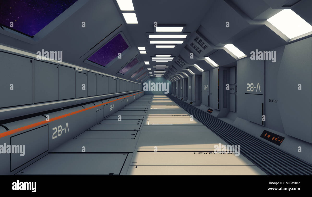 3D render. Futuristic science fiction interior corridor Stock Photo - Alamy