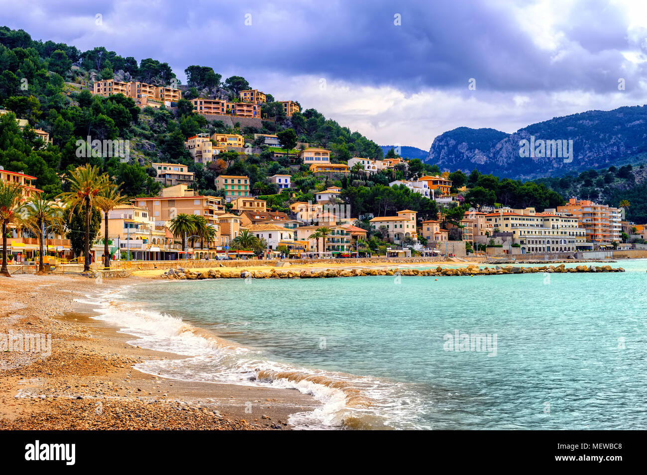 Port de Soller is a popular resort town with a sand beach on Mallorca ...