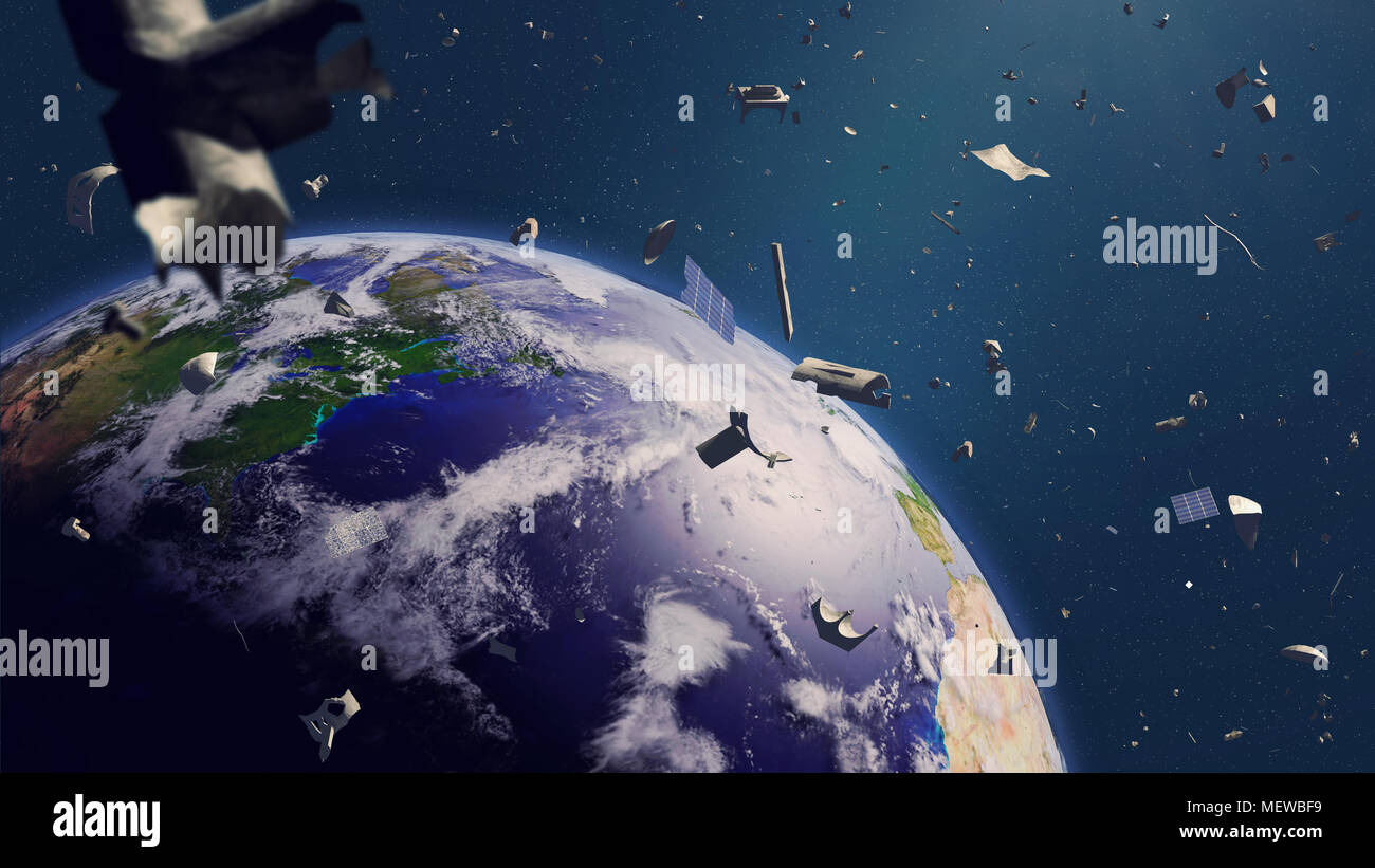 space debris in Earth orbit, dangerous junk orbiting around the blue planet Stock Photo - Alamy