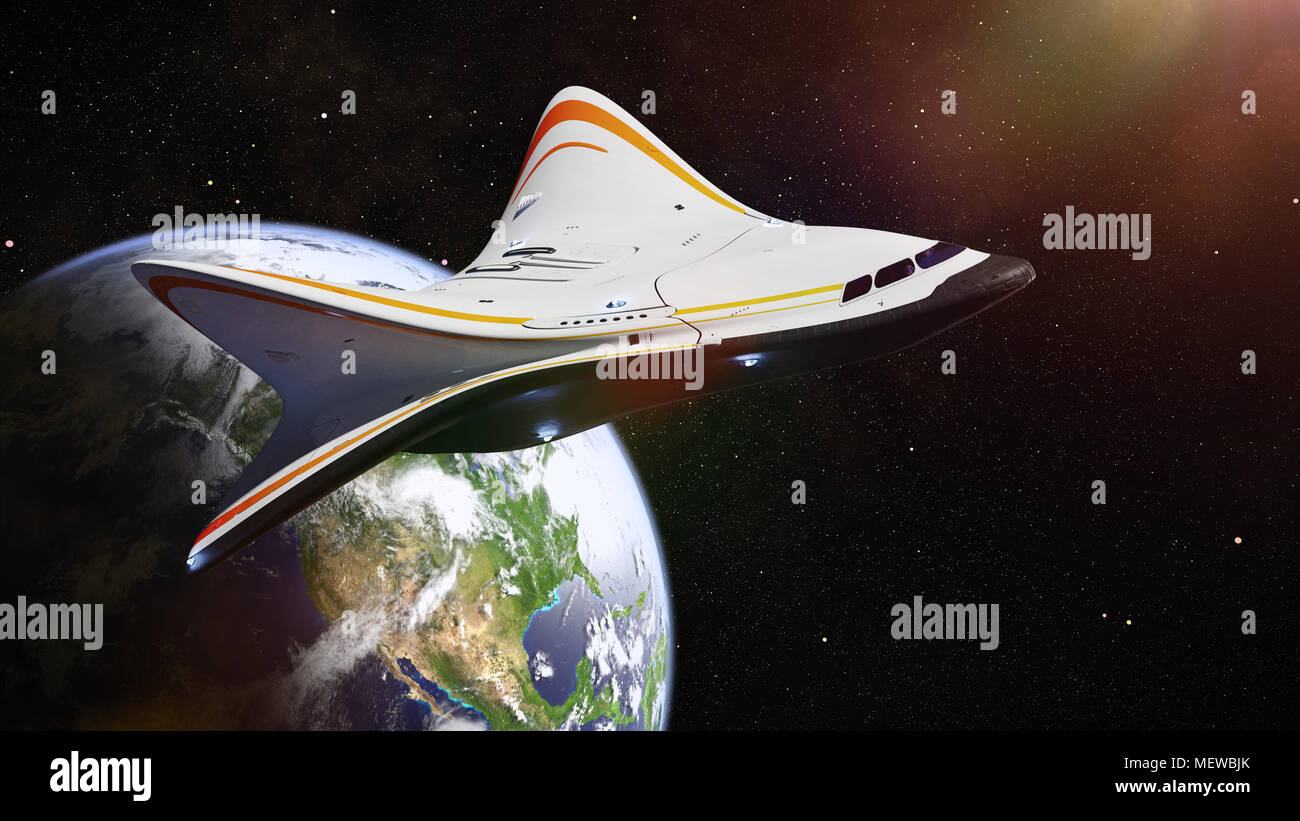 spaceship in orbit of planet Earth, shuttle star into outer space Stock ...