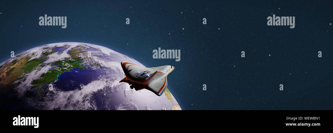 spaceship in orbit of planet Earth, shuttle journey into the solar ...