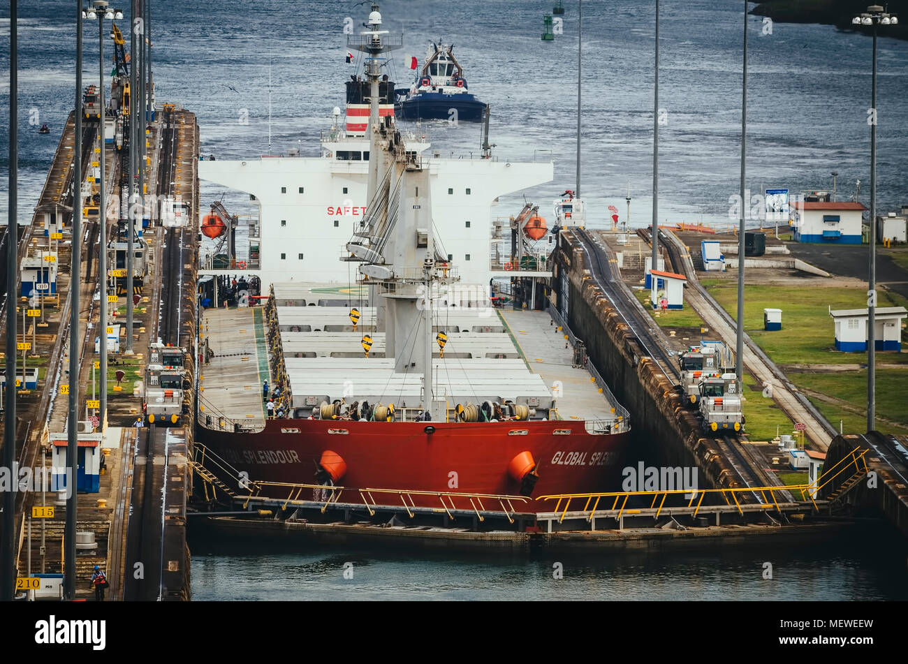 The first lock of the Panama Canal from the Atlantic Ocean, ship ...