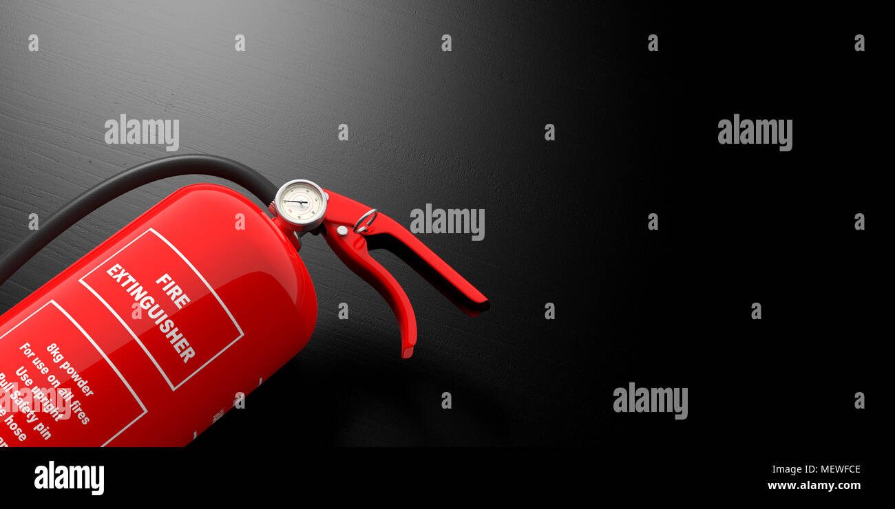 Fire safety, Red fire extinguisher on black background, with text label ...