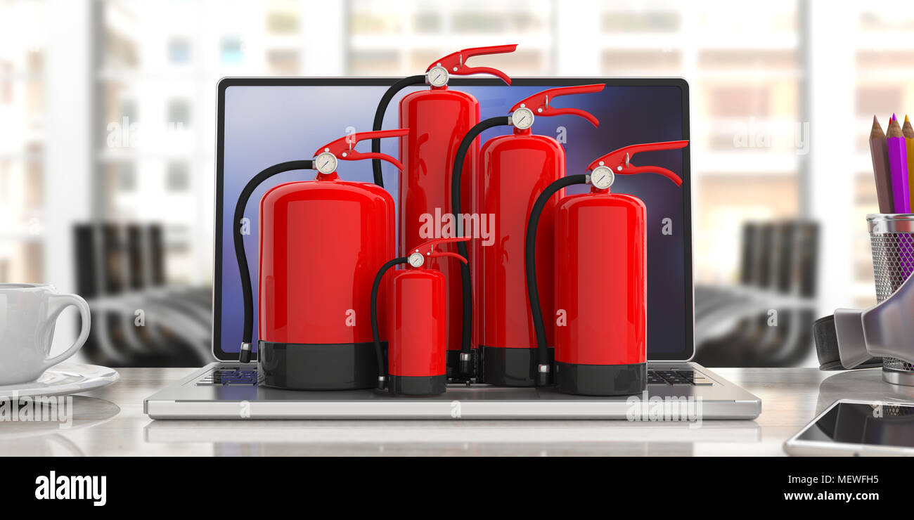 Fire safety, Red fire extinguishers, various sizes, on computer, blur ...
