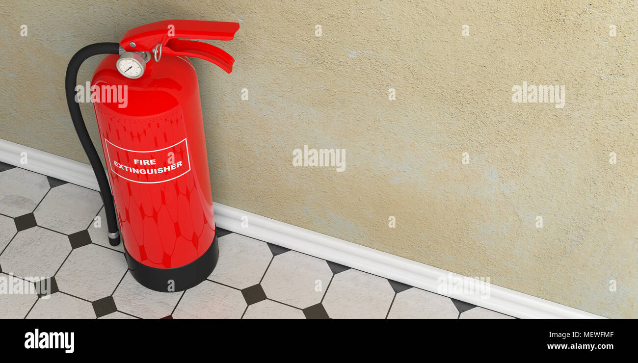 Fire safety, Red fire extinguisher on tiles floor, plastered wall, text ...