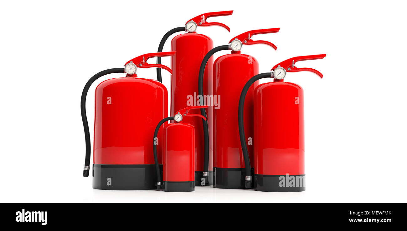Fire safety, Group of red fire extinguishers, various sizes, isolated ...
