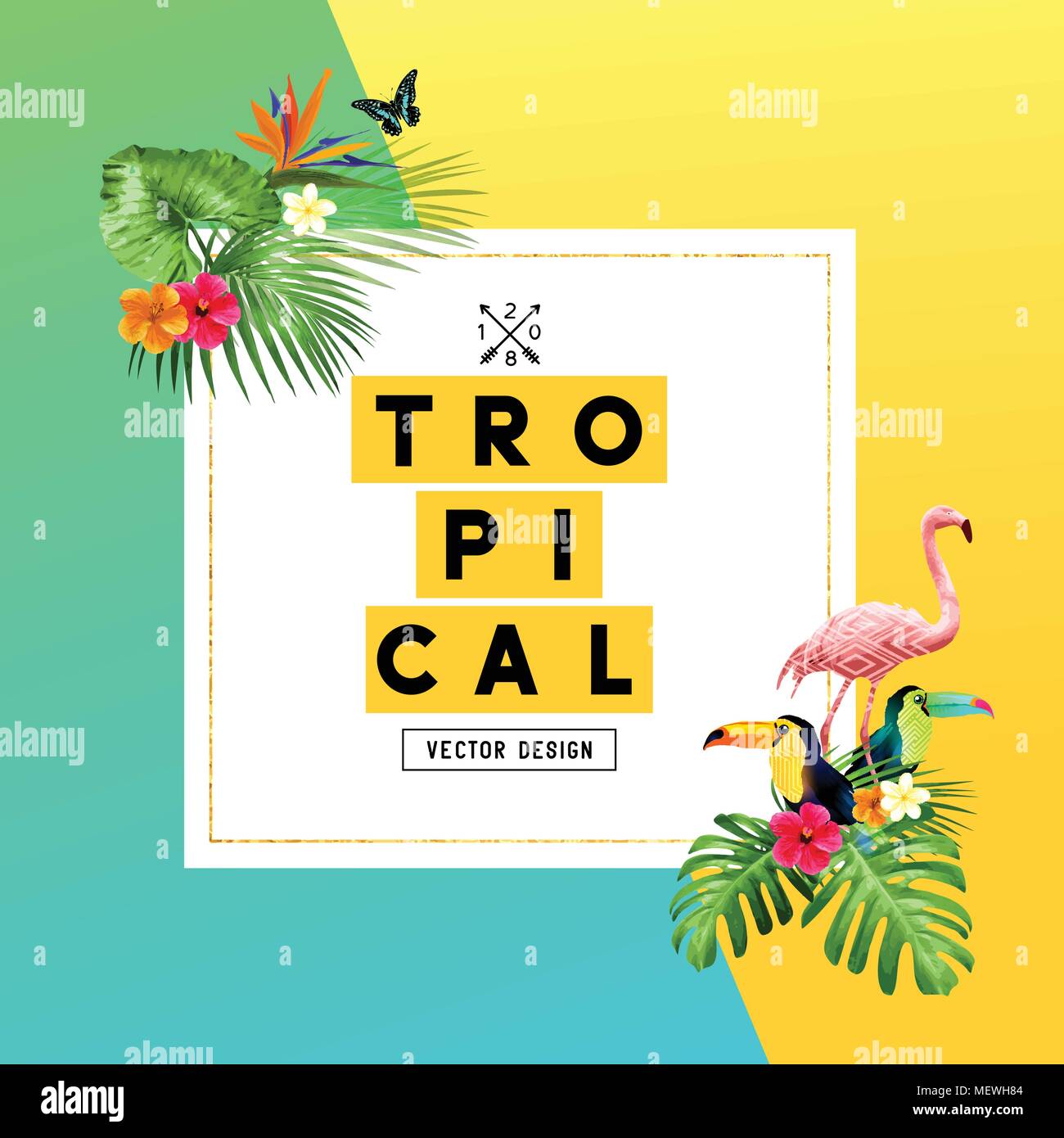 Colourful summer tropical border design with palm leaves, toucan and ...