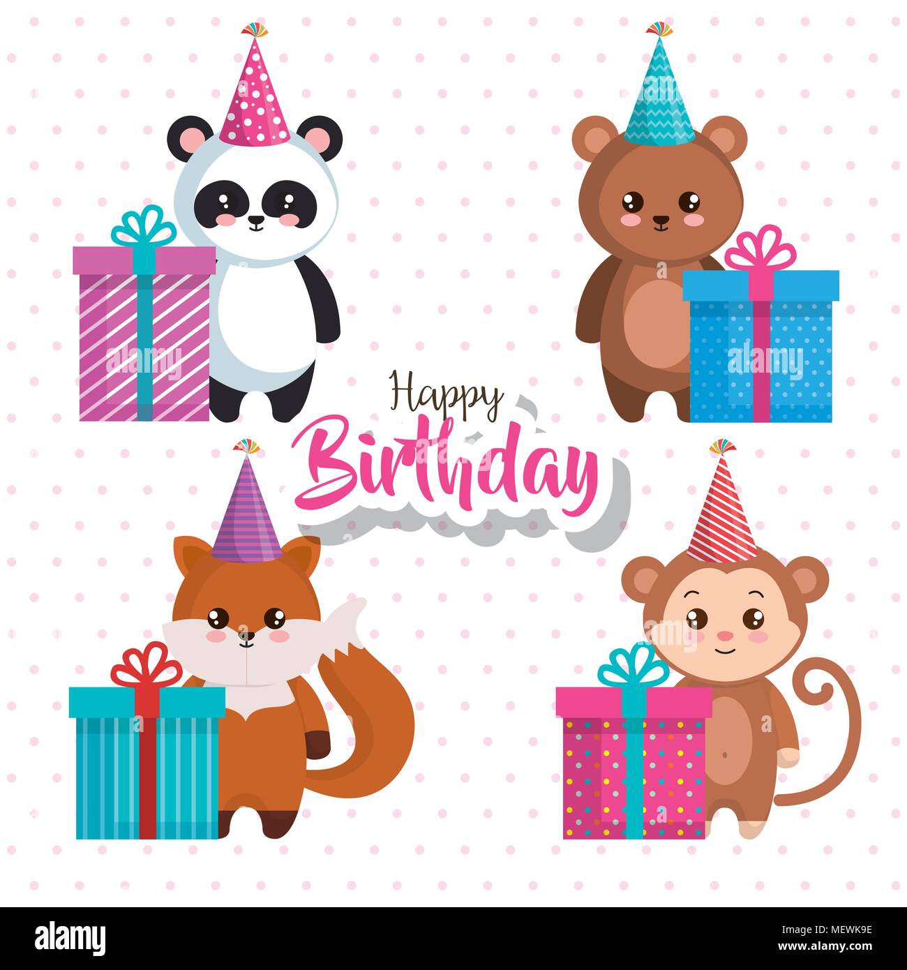 happy birthday card with group of animals Stock Vector Image & Art - Alamy