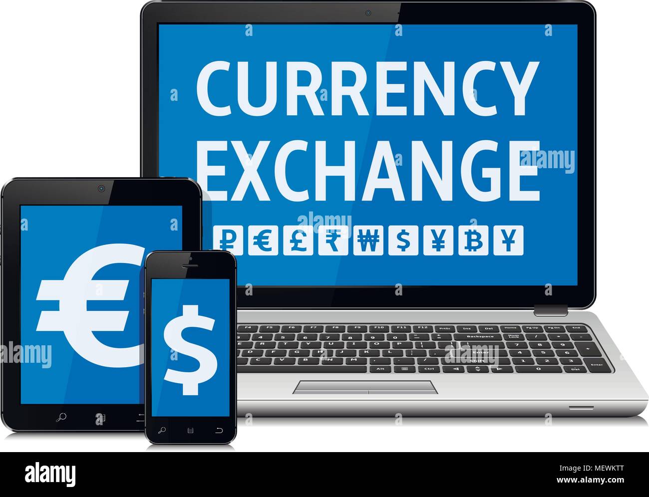 Currency exchange concept. Modern digital devices with currency signs ...