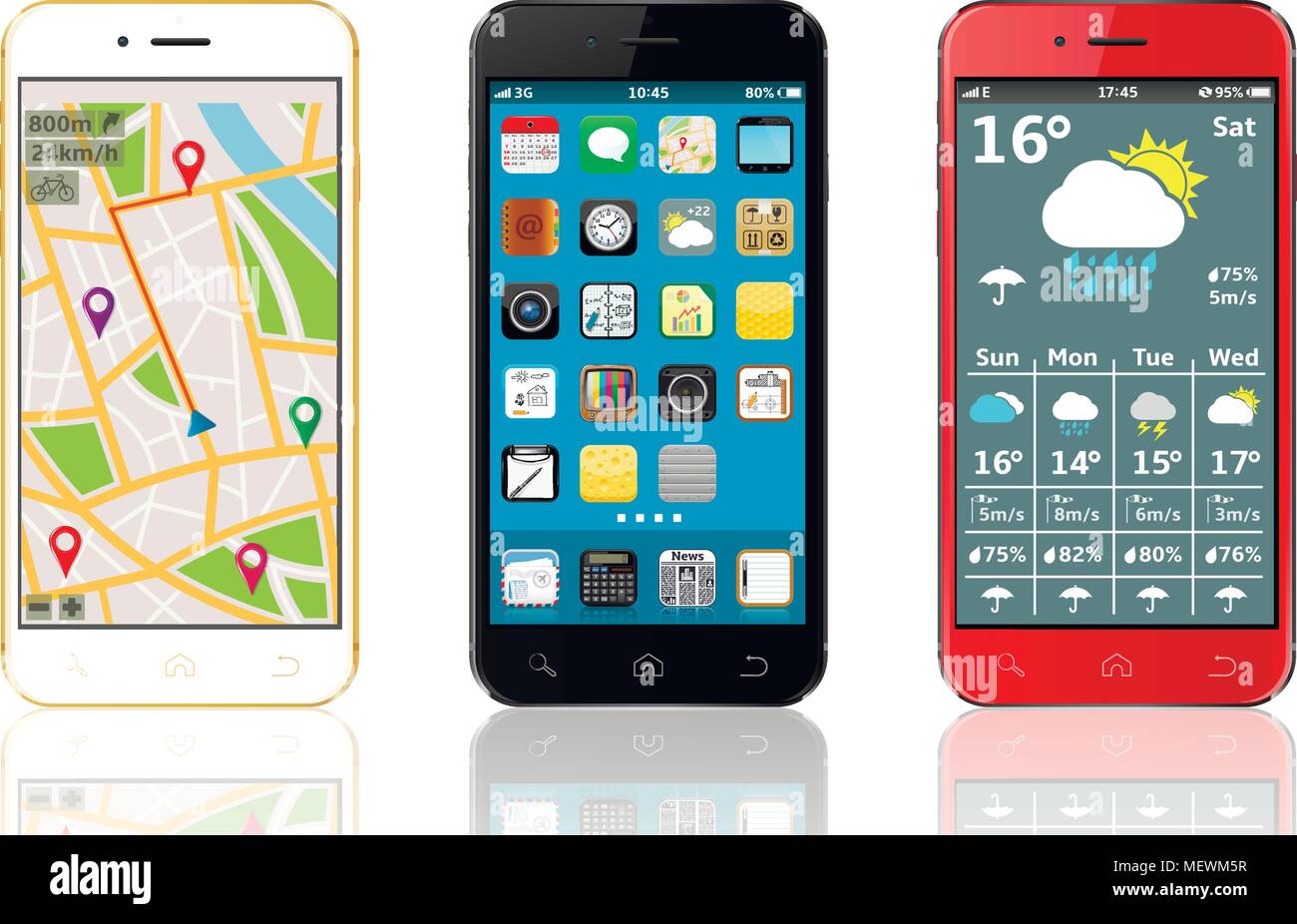 Mobile phones with widgets and icons isolated on white background with ...