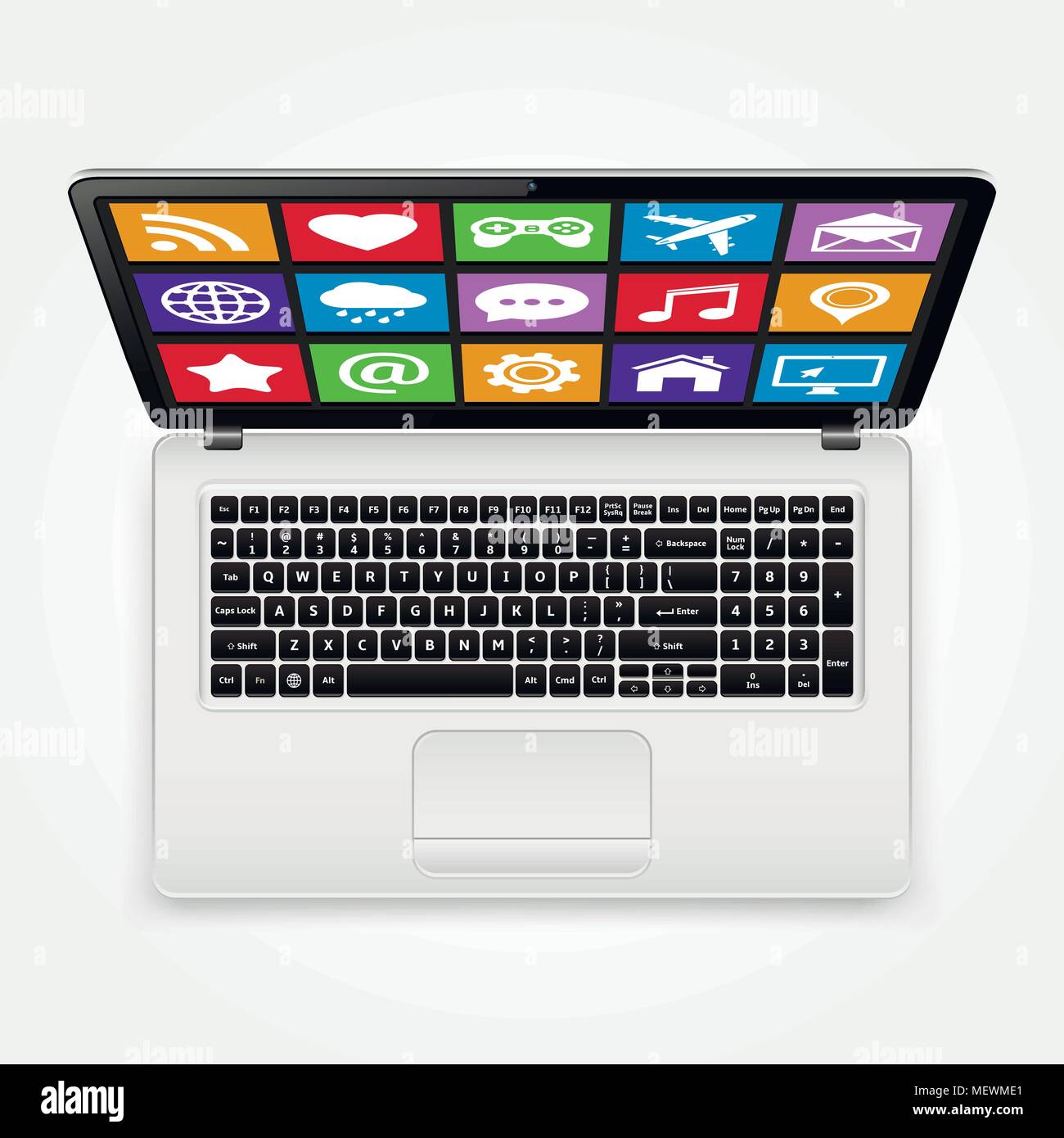 Modern laptop with apps icons on screen. Top view. Vector illustration ...