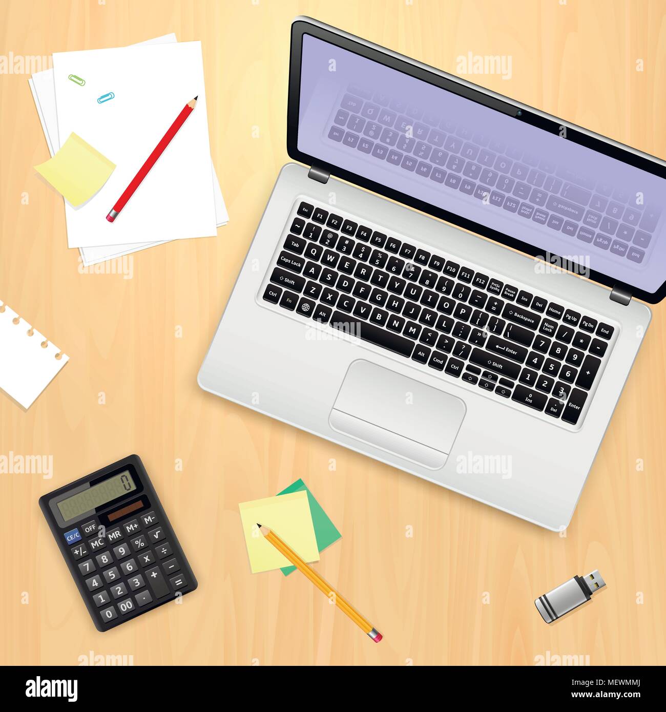 Laptop computer, calculator, pencil, flash drive, sticky notes and ...