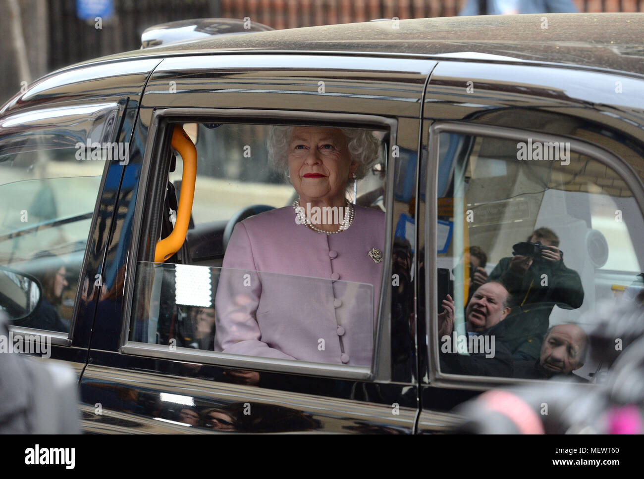 A waxwork of Queen Elizabeth II is driven past the Lindo Wing at St ...