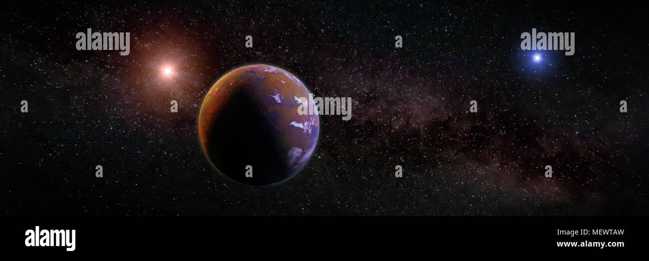 beautiful exoplanet, part of an alien binary star system with a red and ...