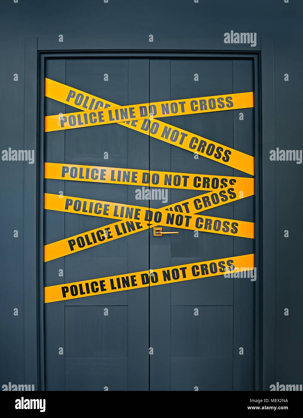 Crime scene closed door with yellow stripes text Police line do not ...