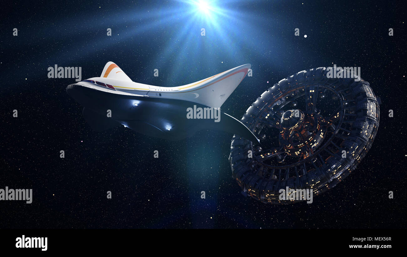 spaceship departure from space station, outer space traffic Stock Photo ...