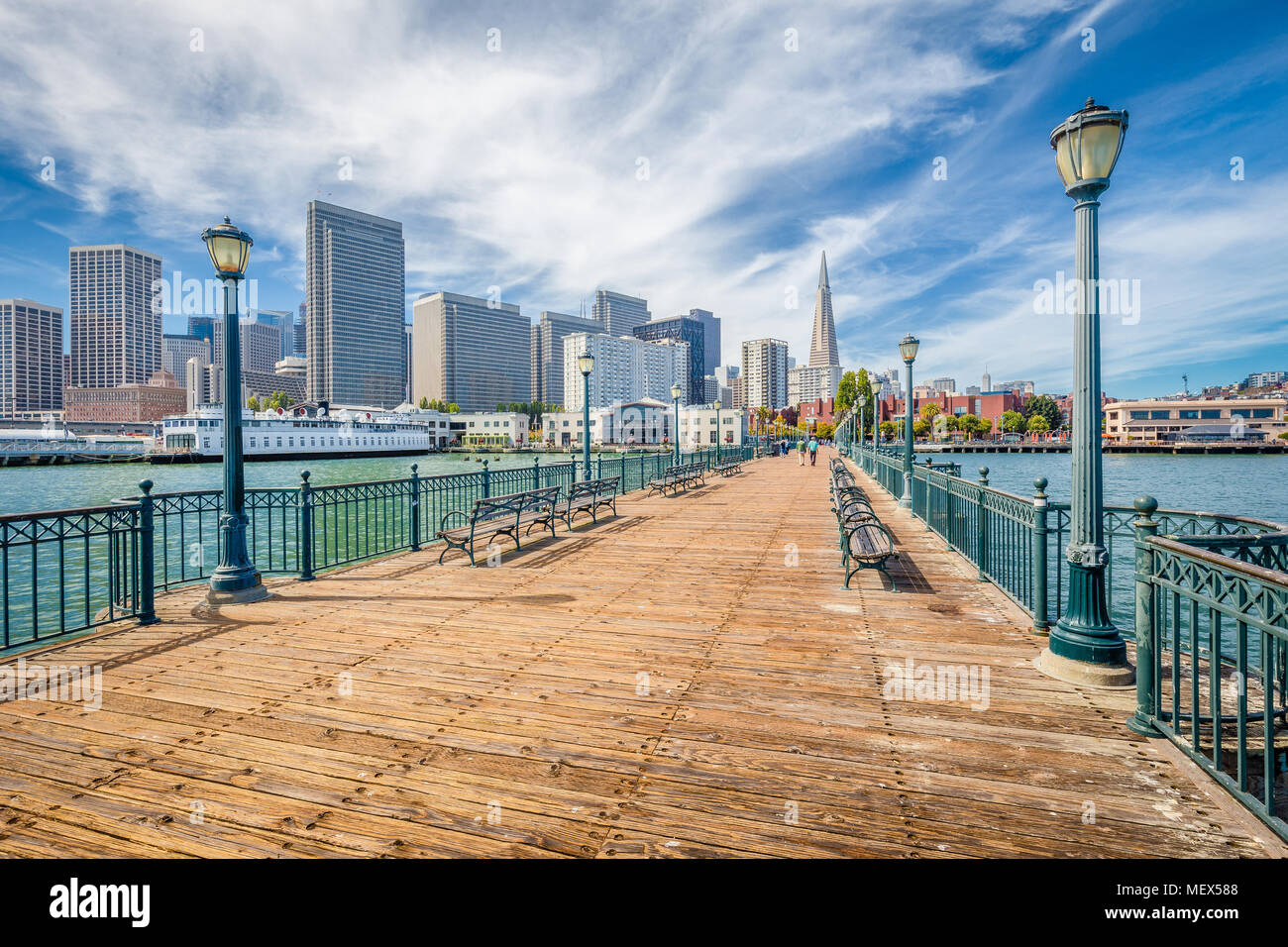 Classic view of historic Pier 7 with the modern financial district of ...
