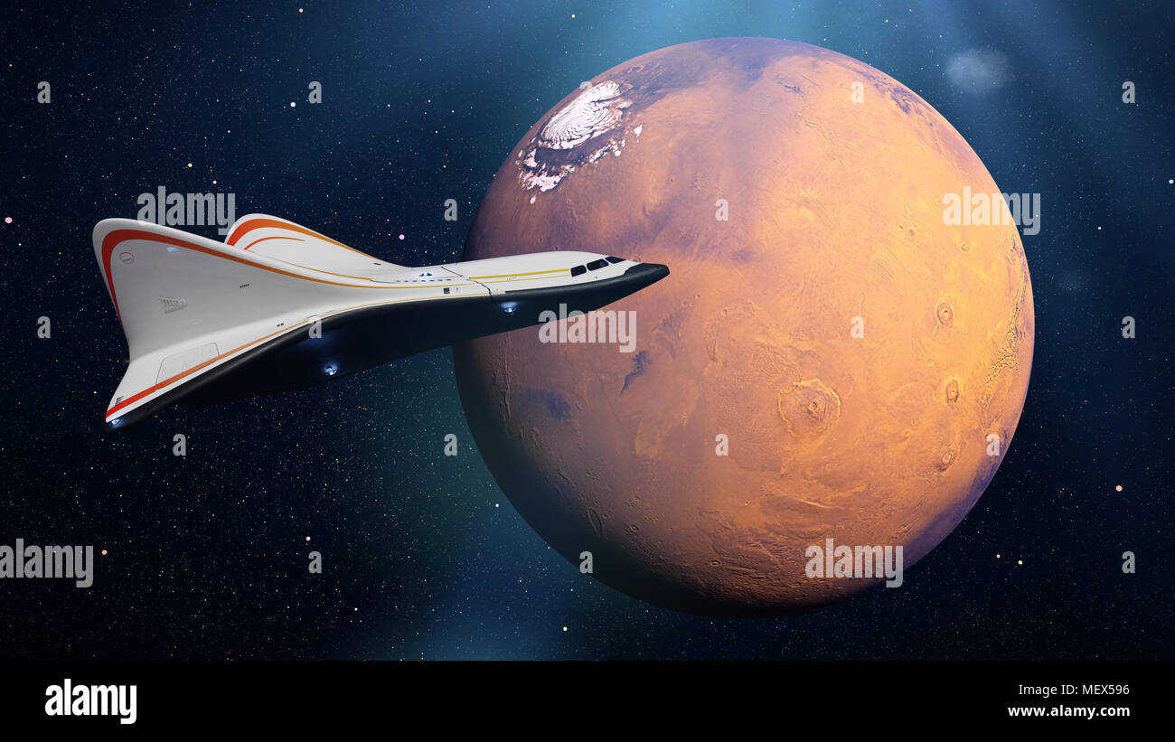 spaceship in orbit of the planet Mars, shuttle mission to the red ...