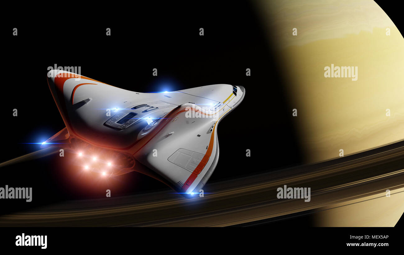 futuristic spaceship in orbit of the planet Saturn, shuttle mission to ...