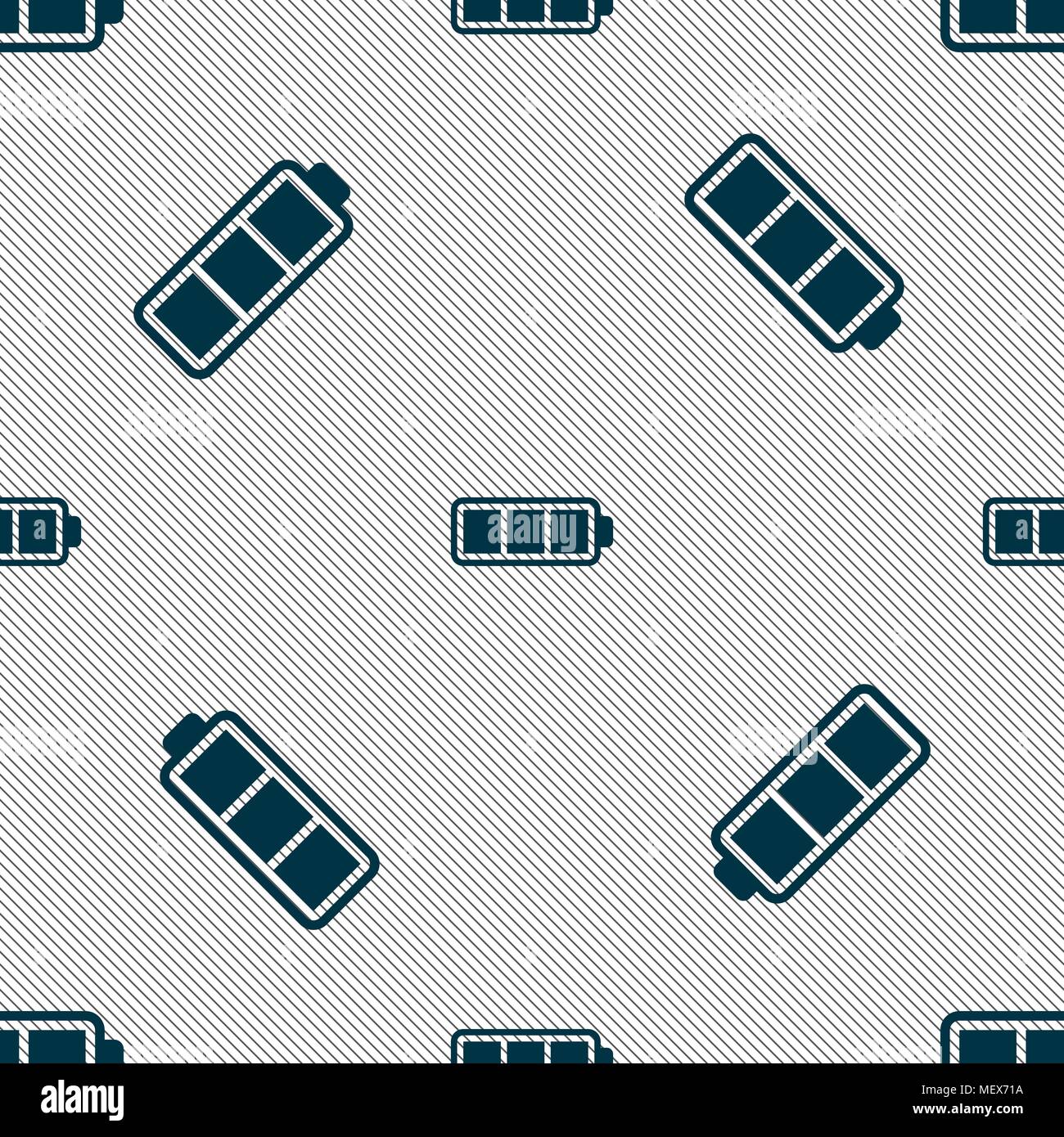 Battery fully charged icon sign. Seamless pattern with geometric ...