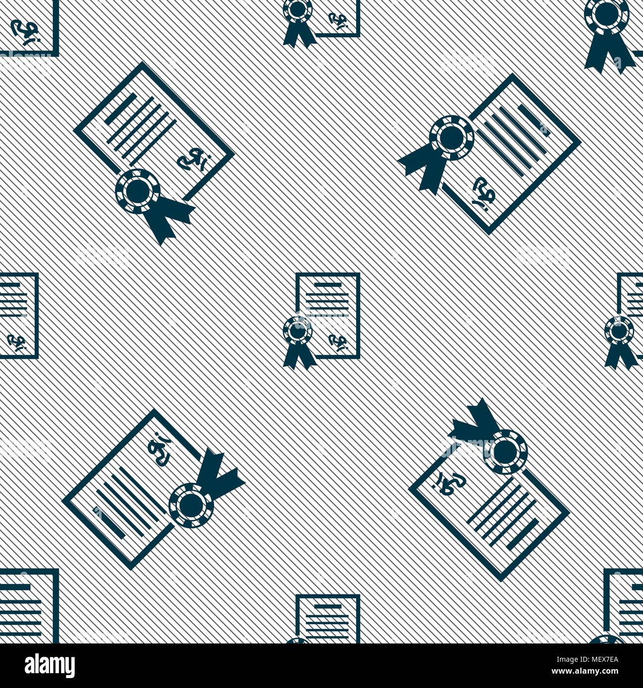 Certificate, diploma icon sign. Seamless pattern with geometric texture ...