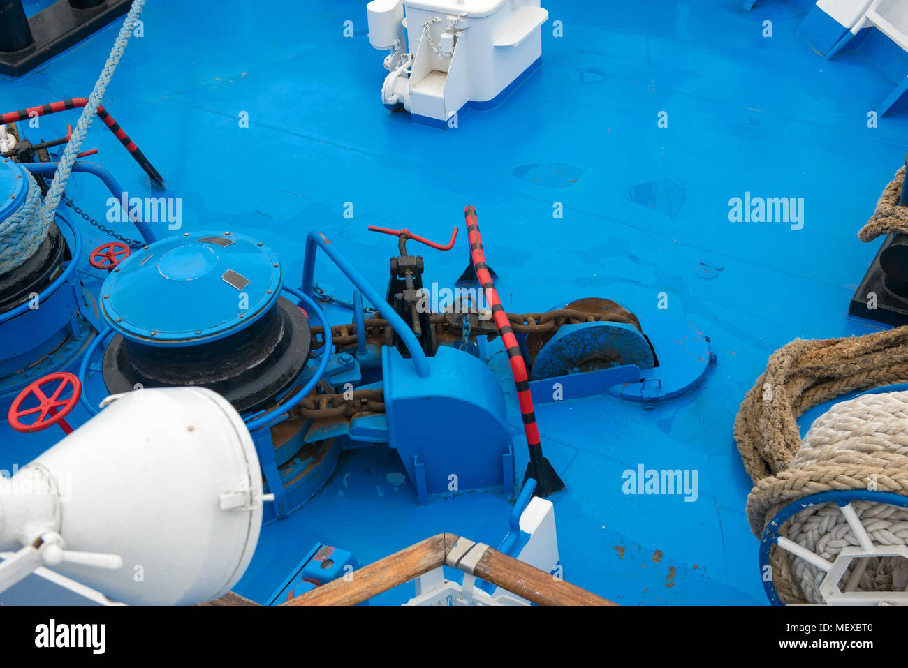 Mooring station on a forward, Anchor windlass mechanism of with rope in ...
