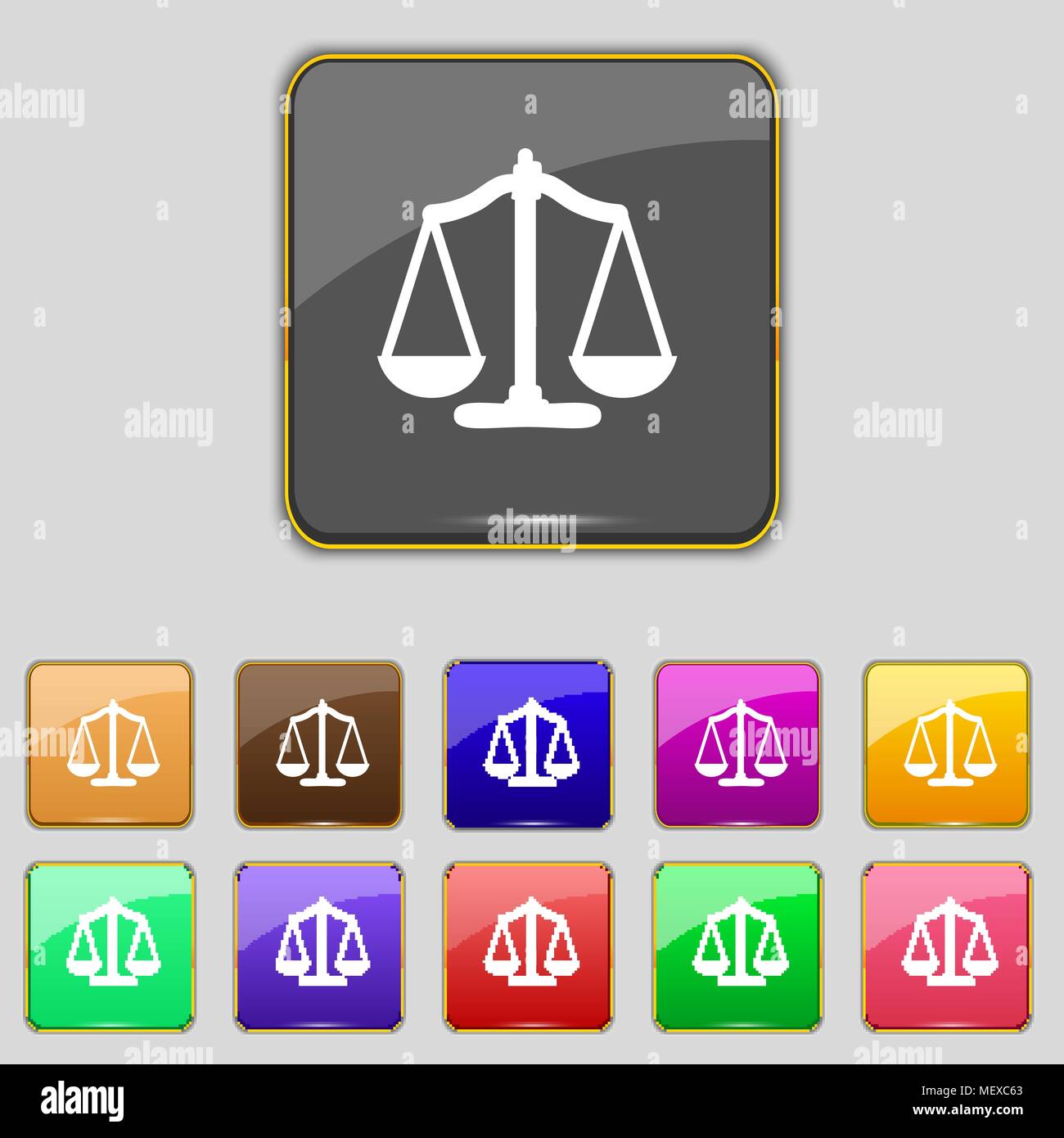 Scales of Justice sign icon. Court law symbol. Set colourful buttons ...