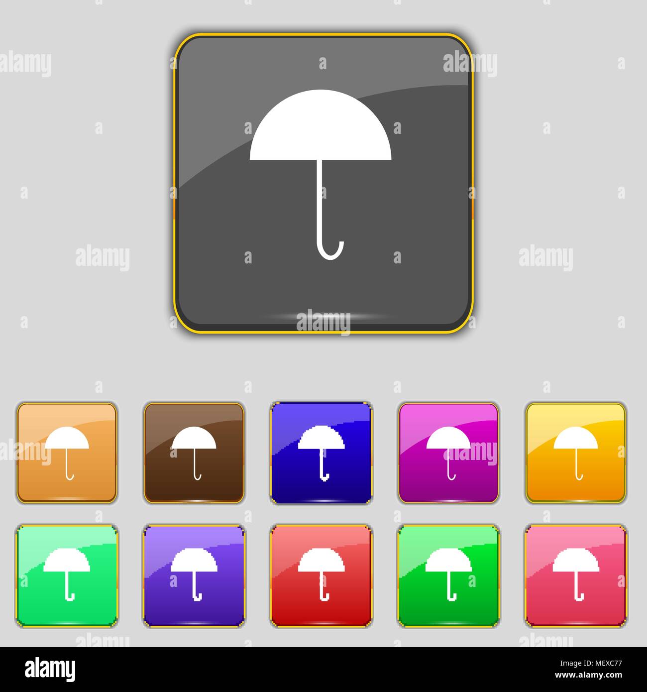 Umbrella sign icon. Rain protection symbol. Set colourful buttons ...