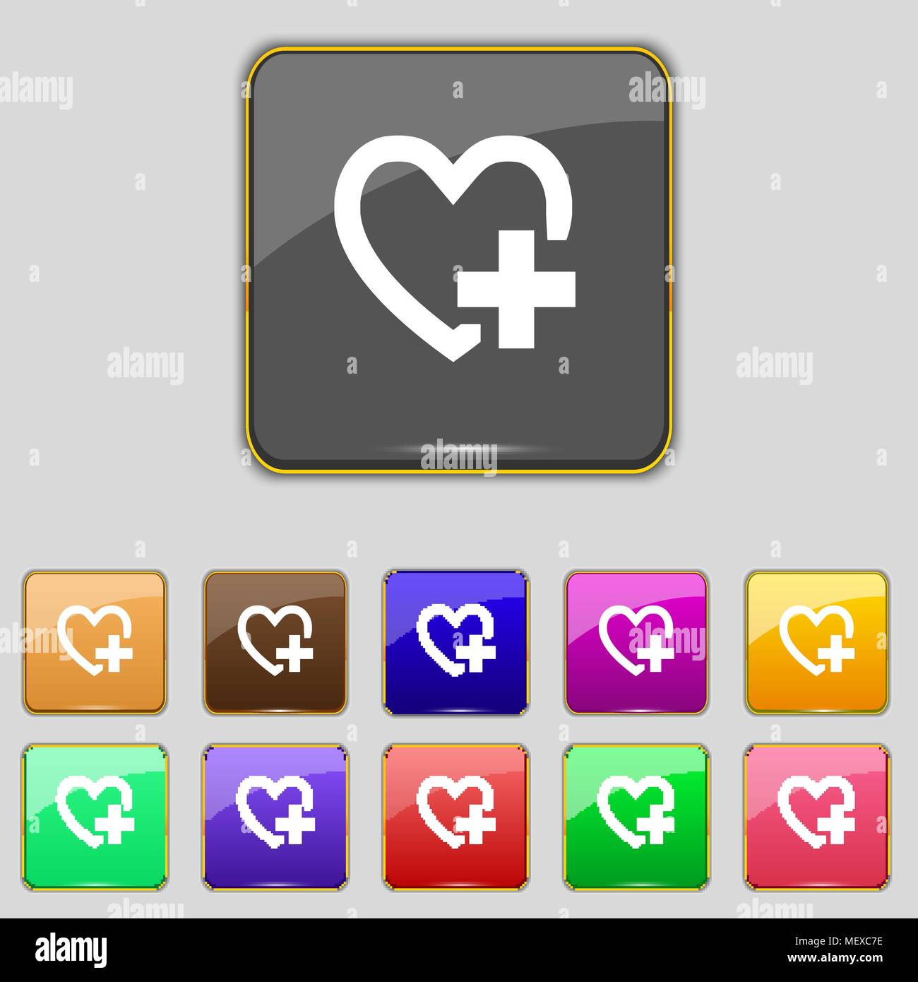 Medical heart sign icon. Cross symbol. Set colourful buttons. Vector ...