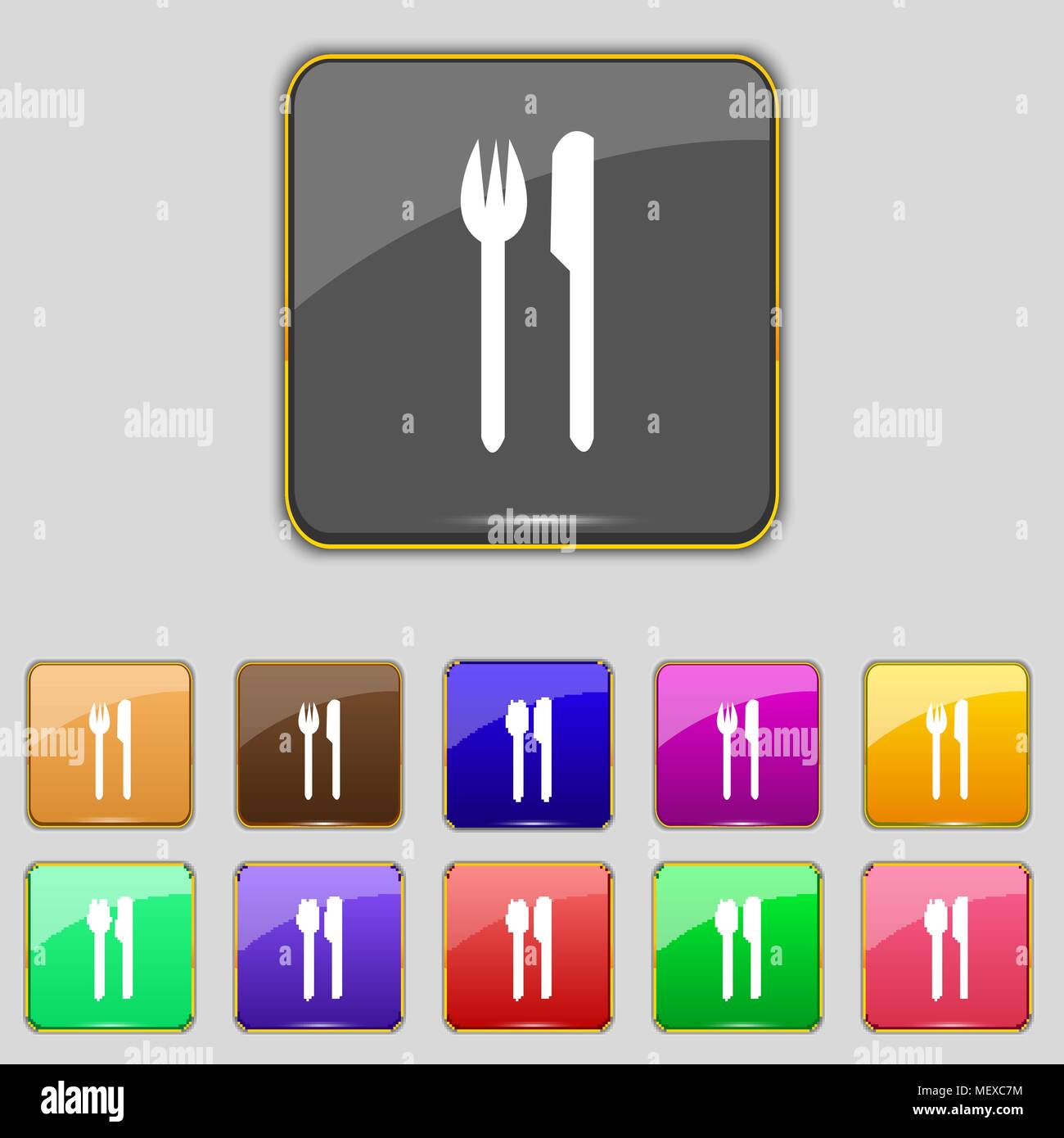 Eat sign icon. Cutlery symbol. Fork and knife. Set colourful buttons ...