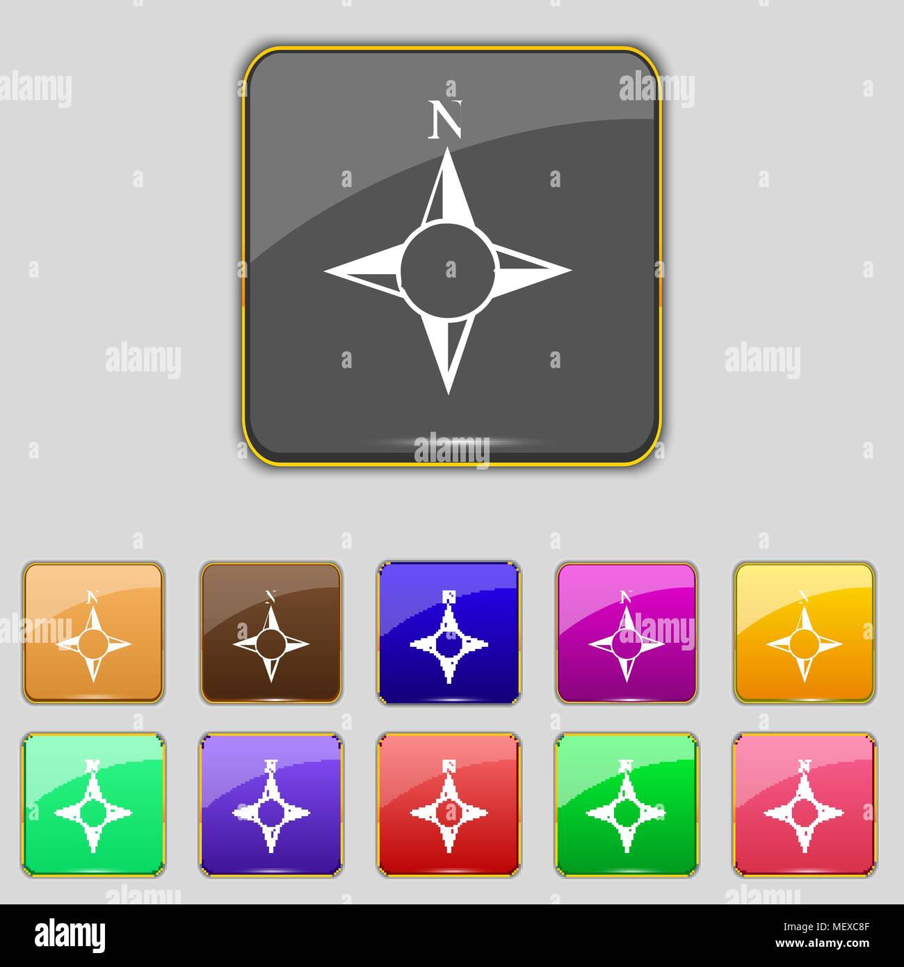 Compass sign icon. Windrose navigation symbol. Set colourful buttons ...