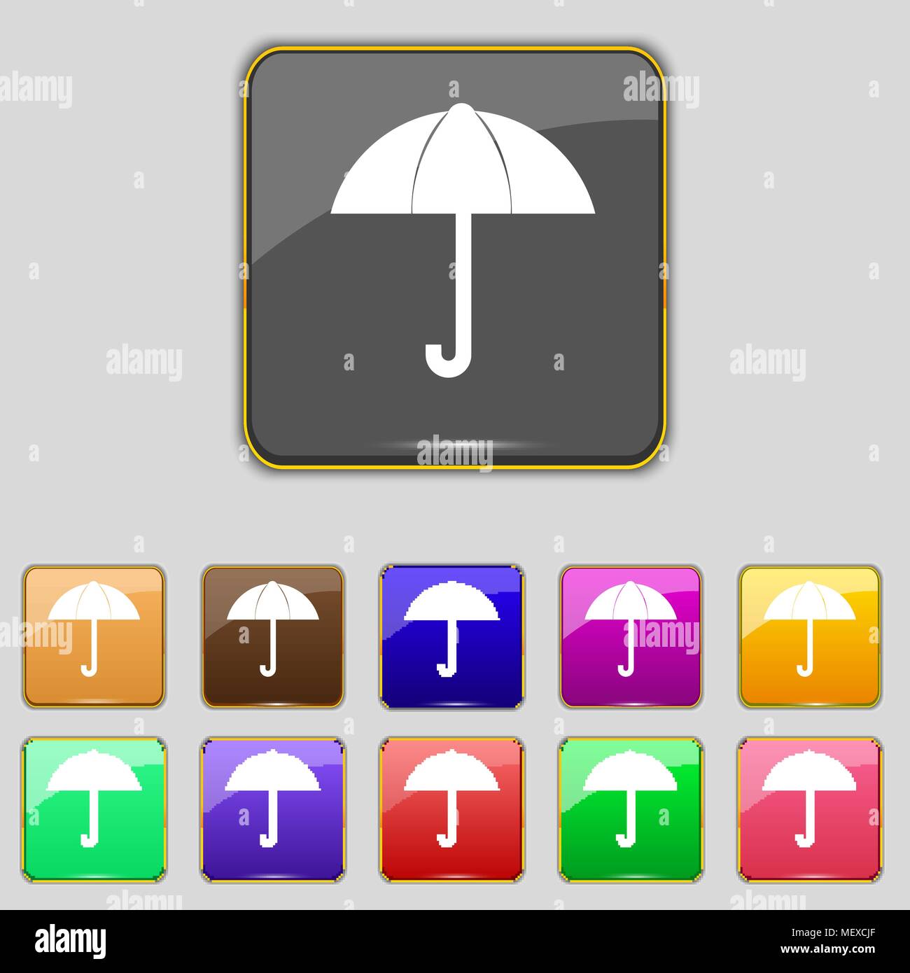 Umbrella sign icon. Rain protection symbol. Set colourful buttons ...