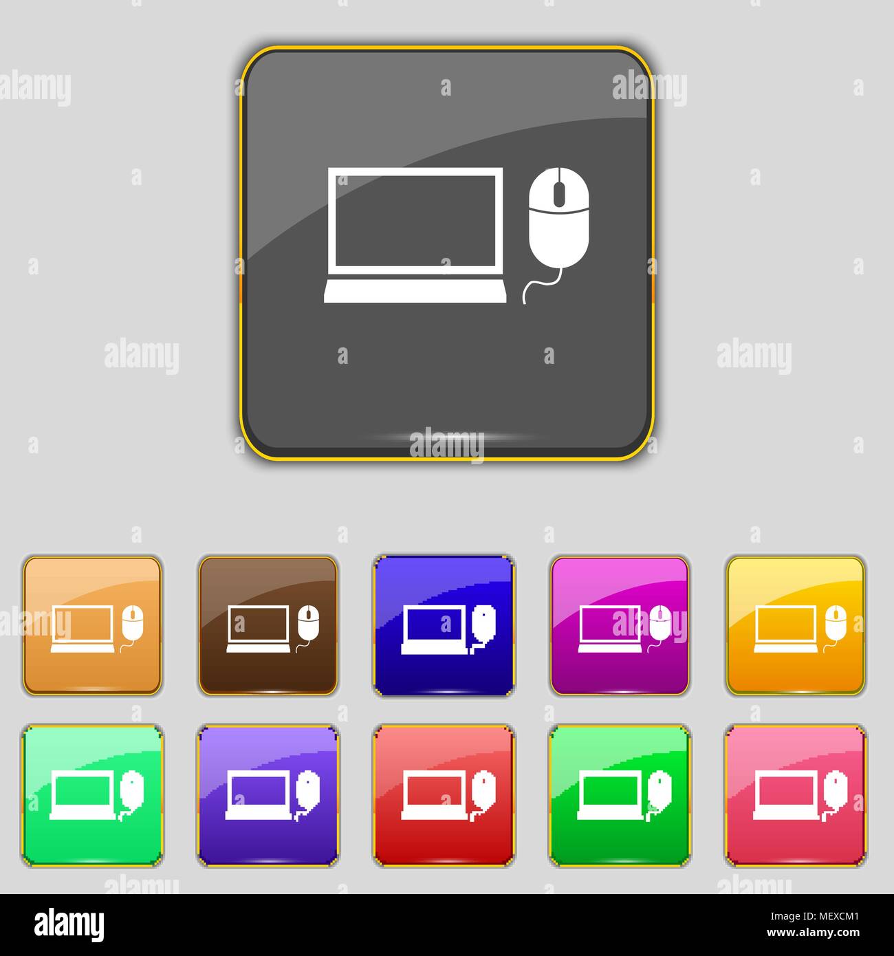 Computer widescreen monitor, mouse sign icon. Set colourful buttons ...
