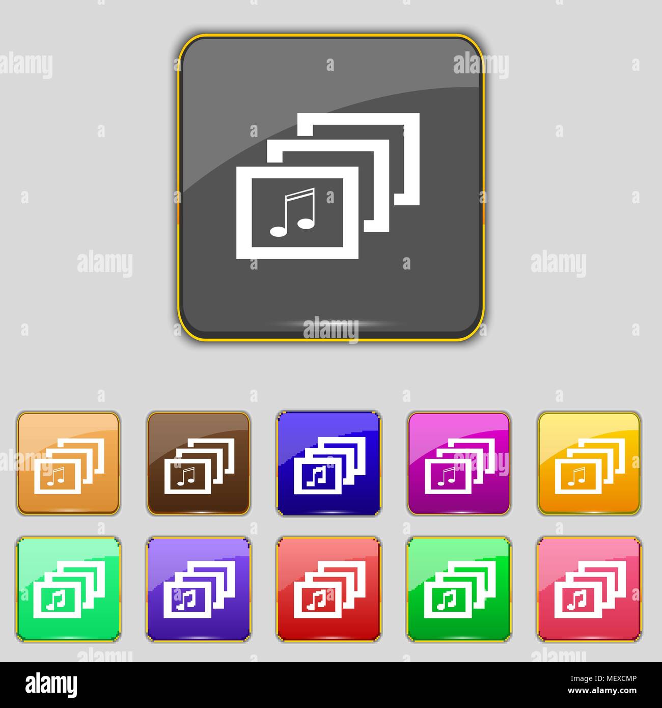 Mp3 music format sign icon. Musical symbol. Set colourful buttons ...