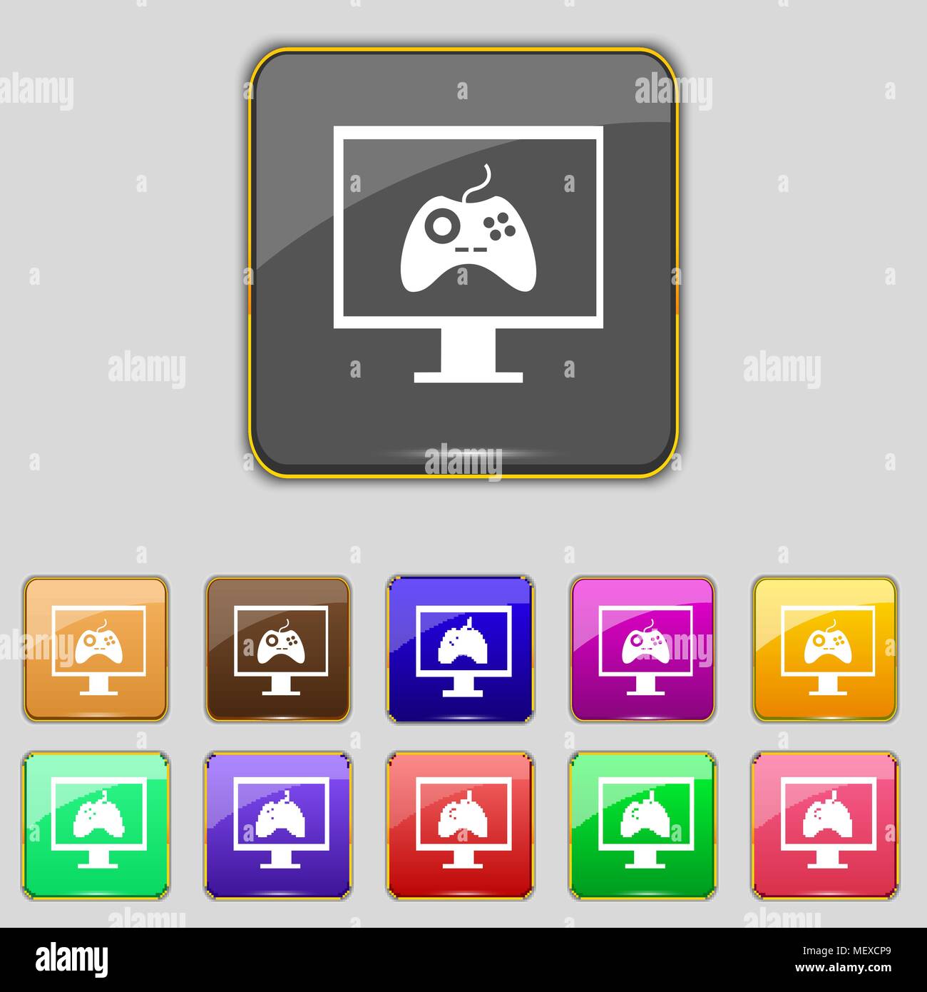 Joystick and monitor sign icon. Video game symbol. Set colourful ...