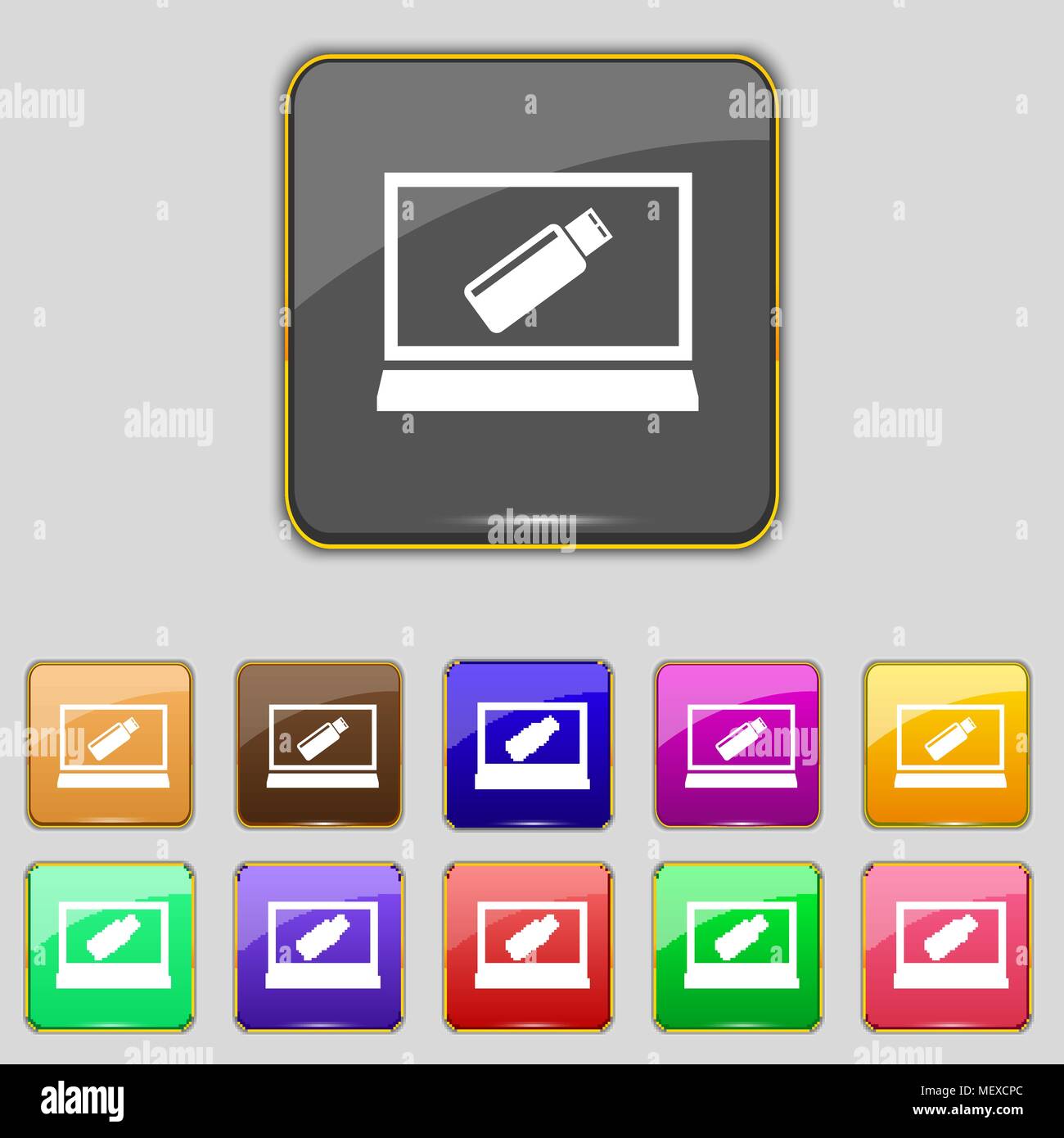 usb flash drive and monitor sign icon. Video game symbol. Set colourful ...