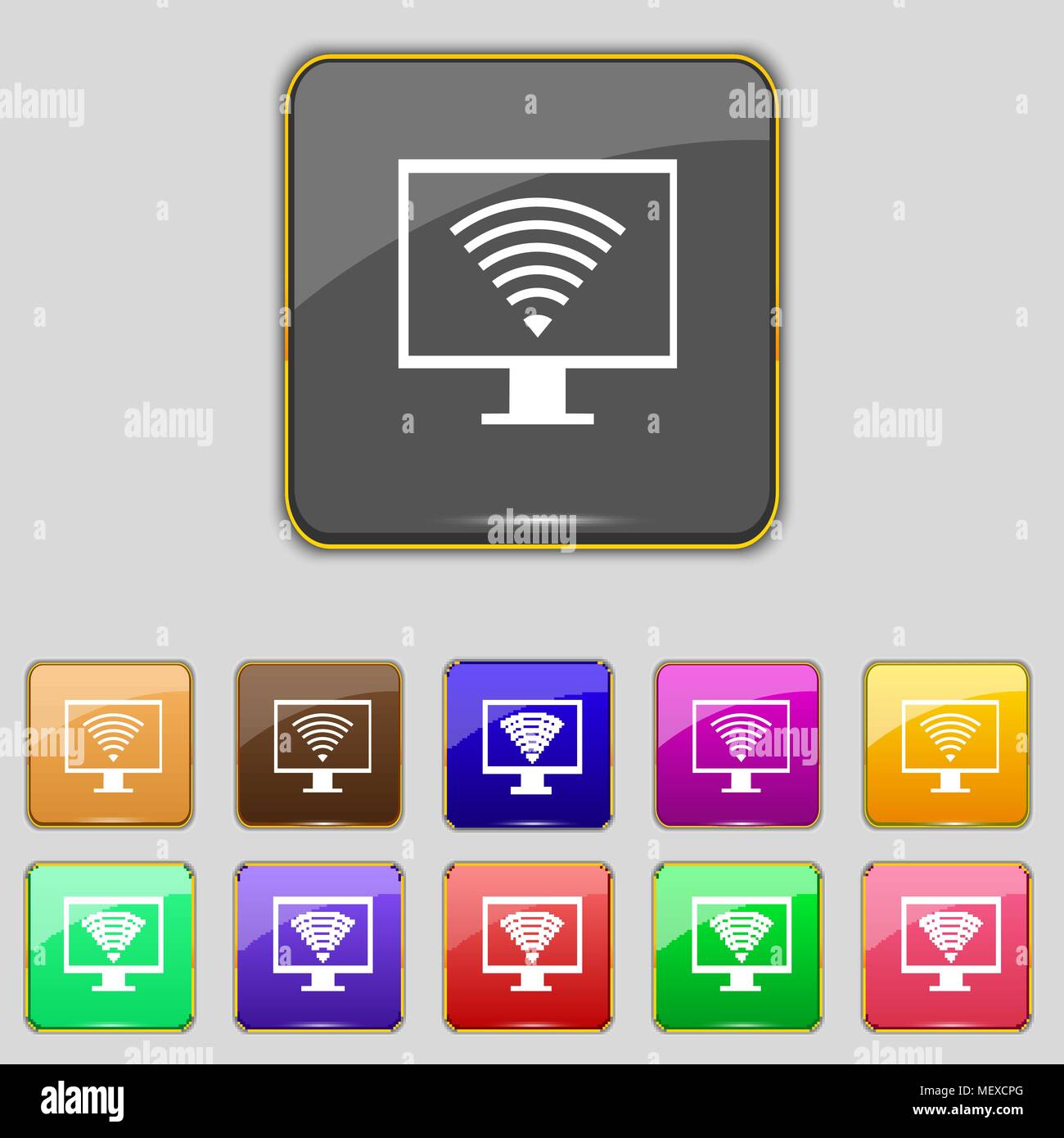 wi fi and monitor sign icon. Video game symbol. Set colourful buttons ...