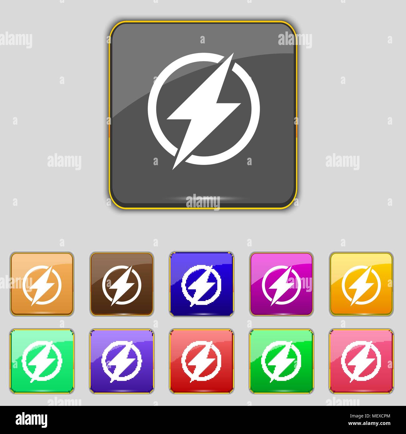 Photo flash sign icon. Lightning symbol. Set of colour buttons. Vector ...