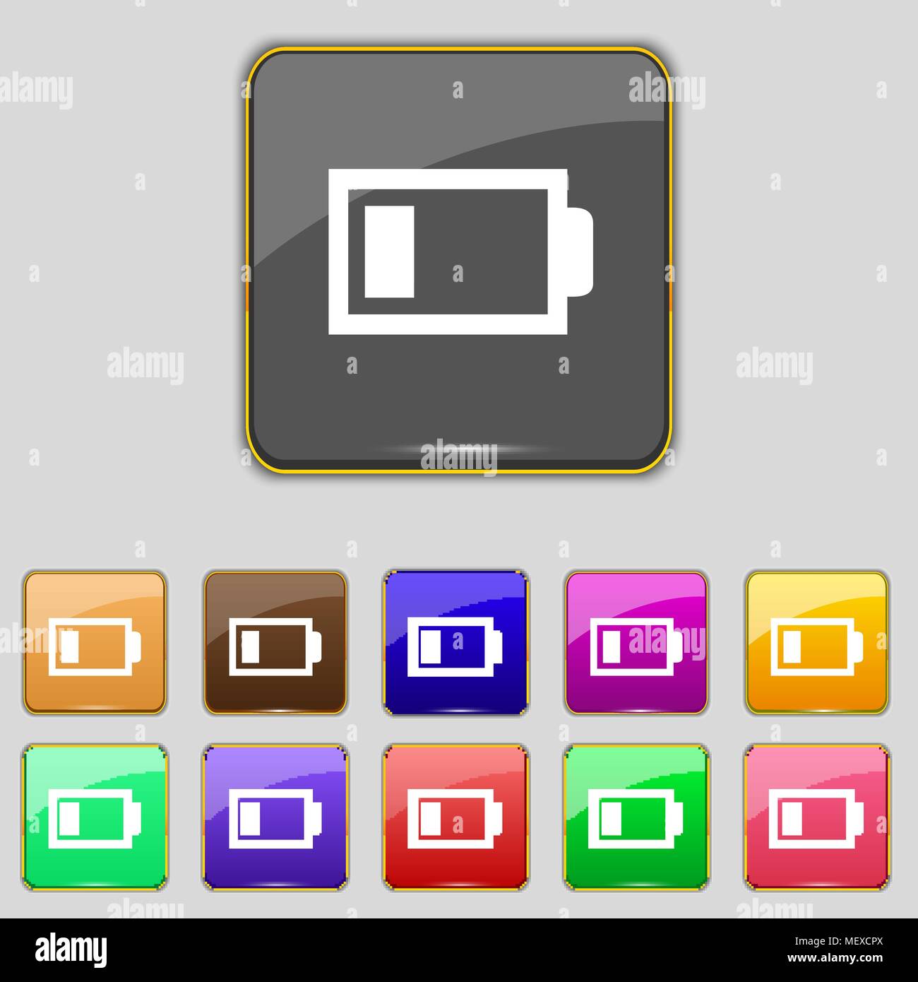 Battery low level sign icon. Electricity symbol. Set of colour buttons ...
