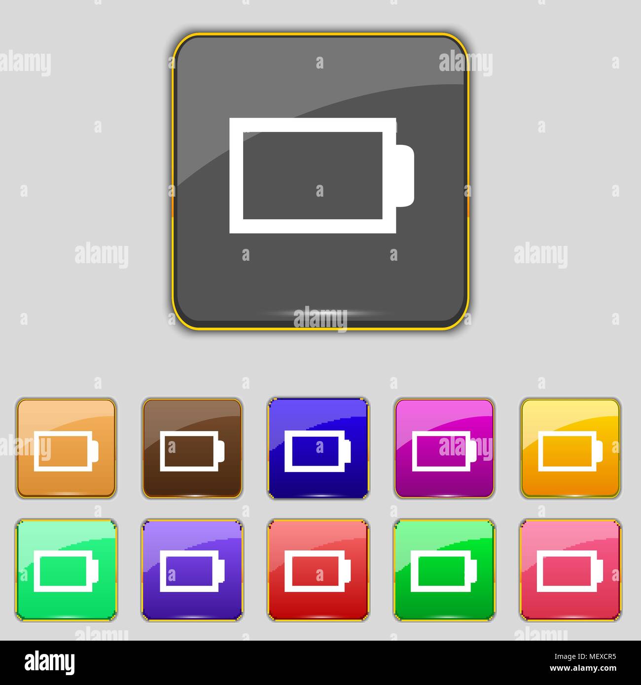 Battery empty sign icon. Low electricity symbol. Set of colour buttons ...