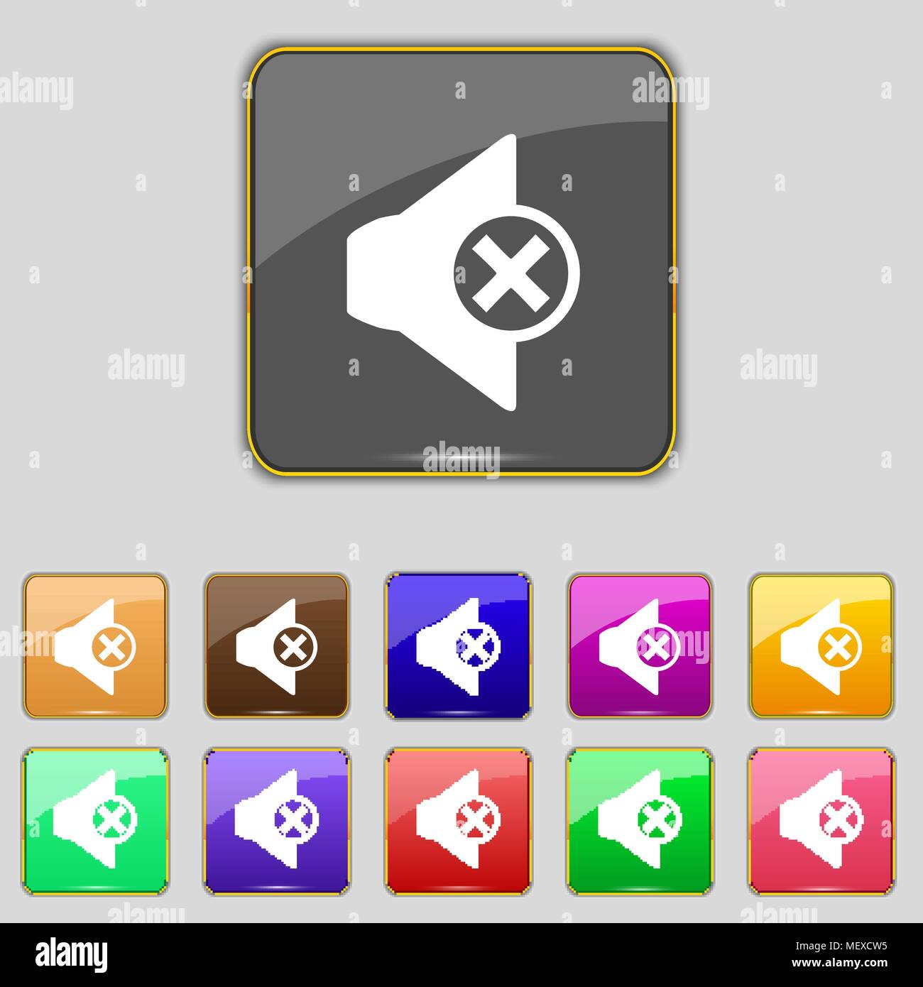 Mute speaker sign icon. Sound symbol. Set of colourful buttons. Vector ...