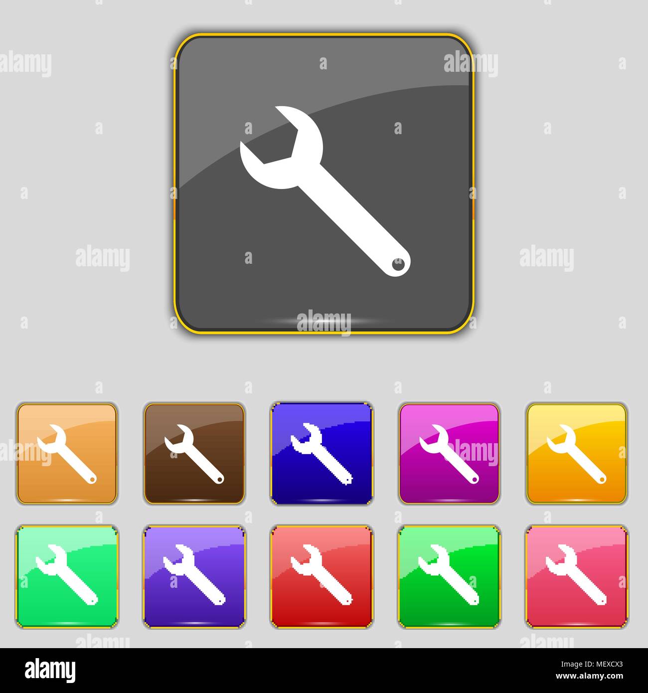 Wrench key sign icon. Service tool symbol. Set of colored buttons ...