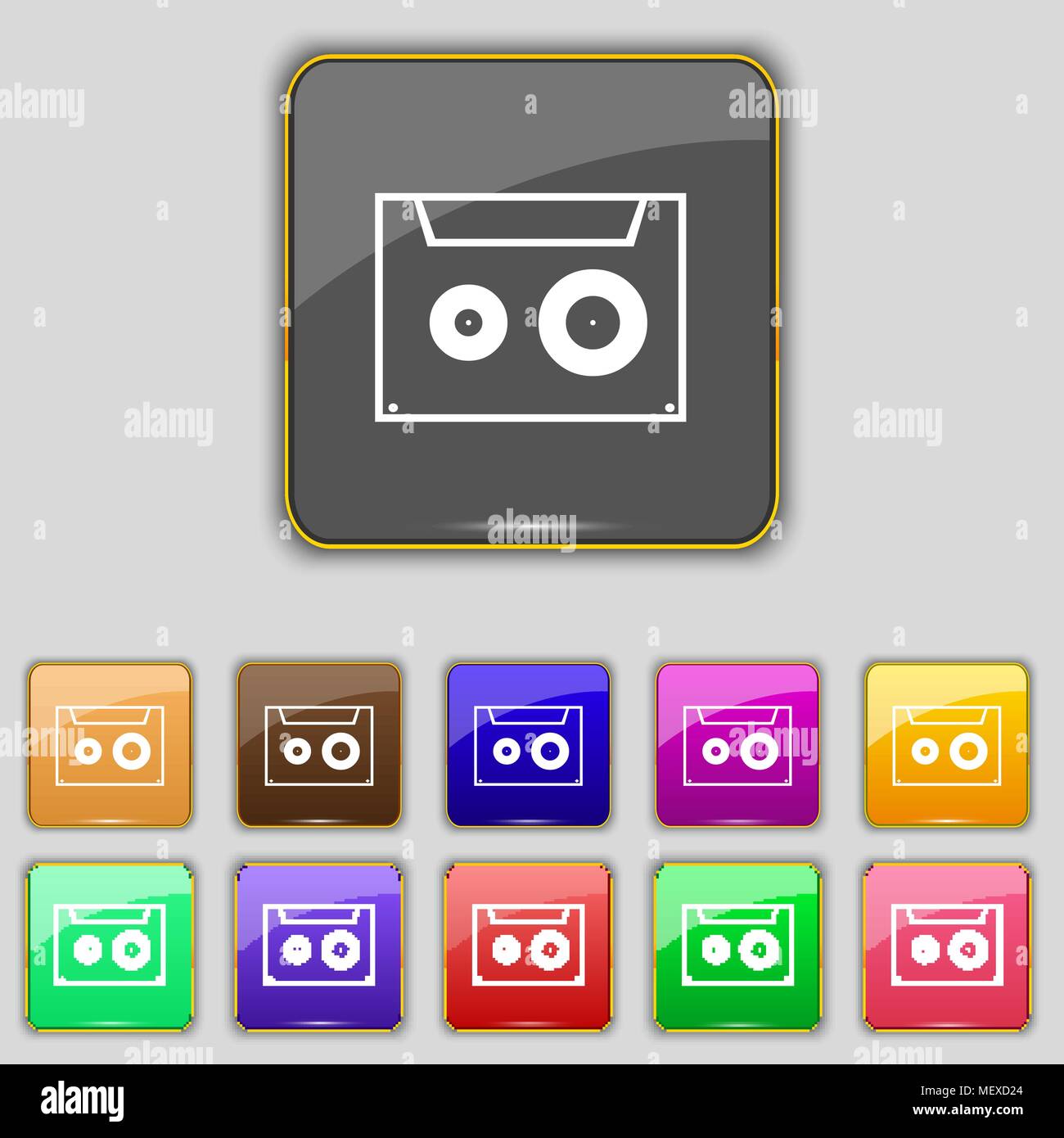 cassette sign icon. Audiocassette symbol. Set of colour buttons. Vector ...