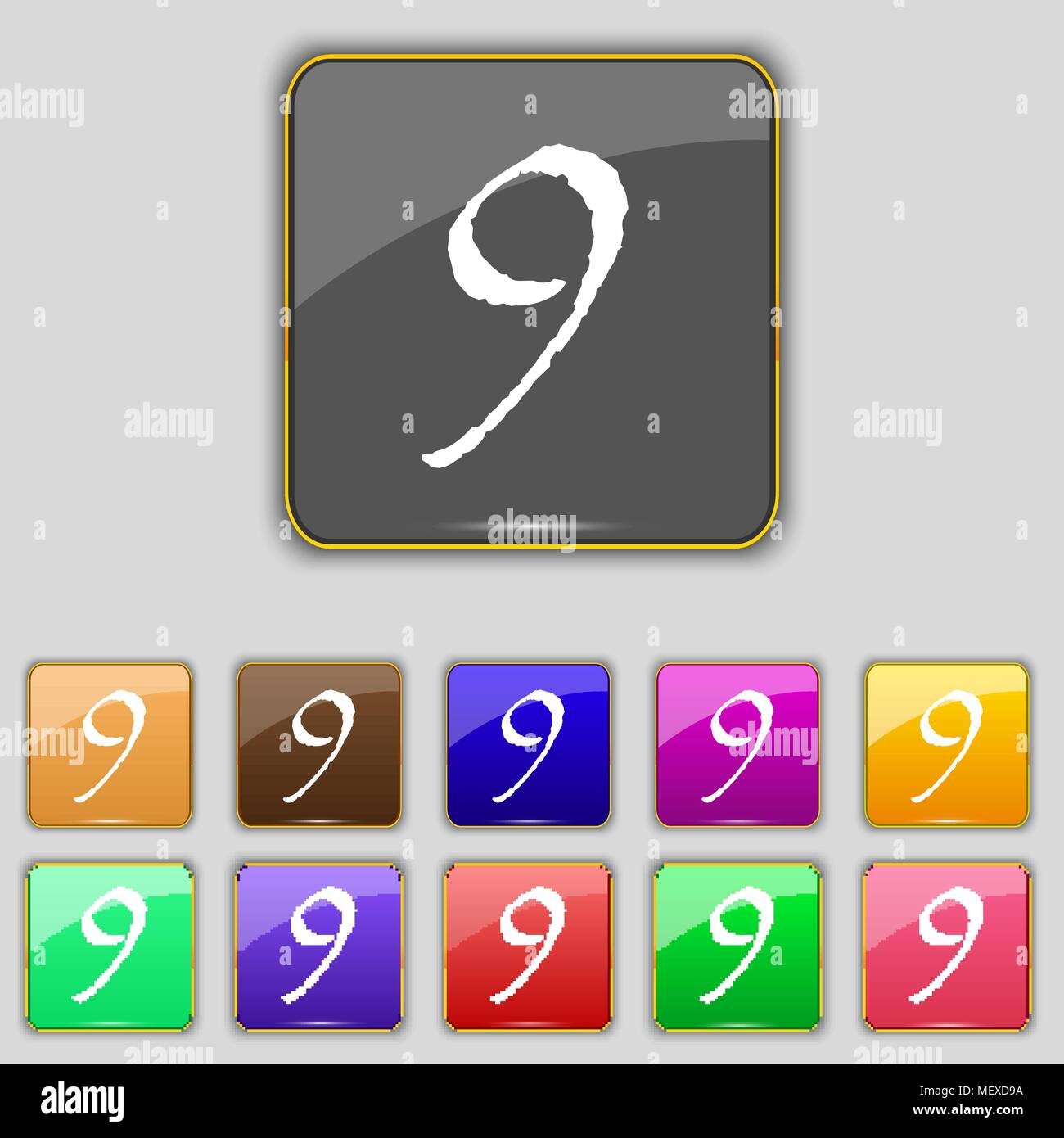 number Nine icon sign. Set of coloured buttons. Vector illustration ...