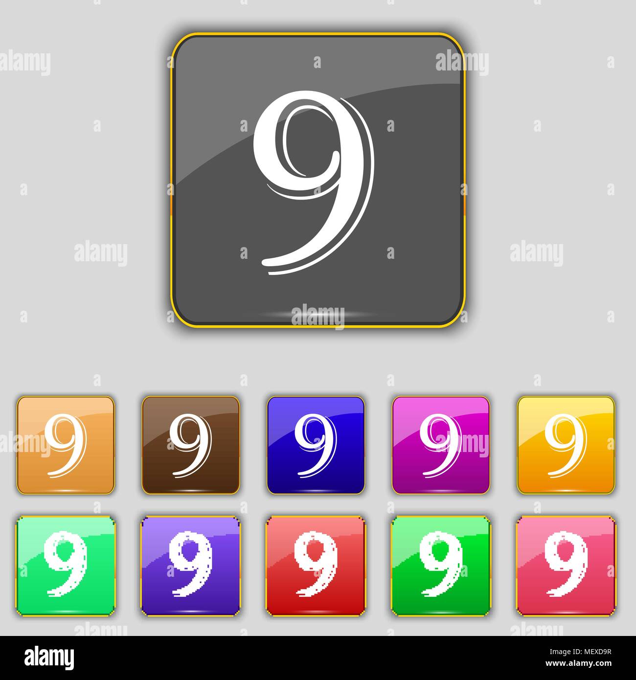 number Nine icon sign. Set of coloured buttons. Vector illustration ...