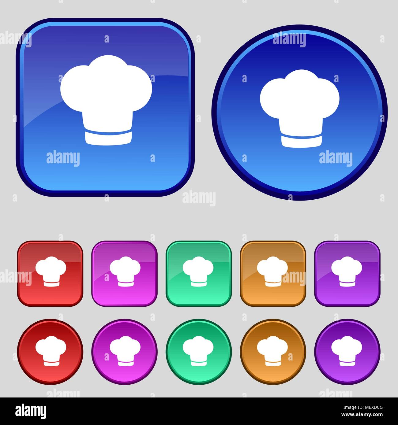 Chef hat sign icon. Cooking symbol. Cooks hat. Set colourful buttons ...
