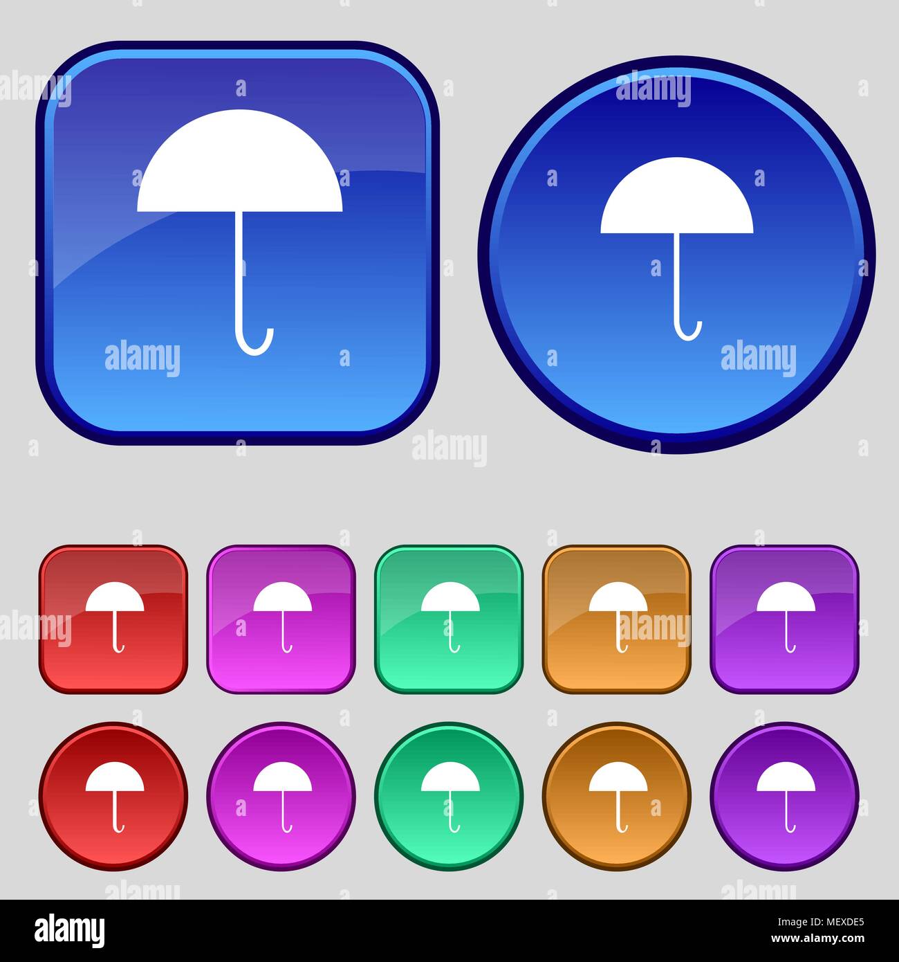 Umbrella sign icon. Rain protection symbol. Set colourful buttons ...