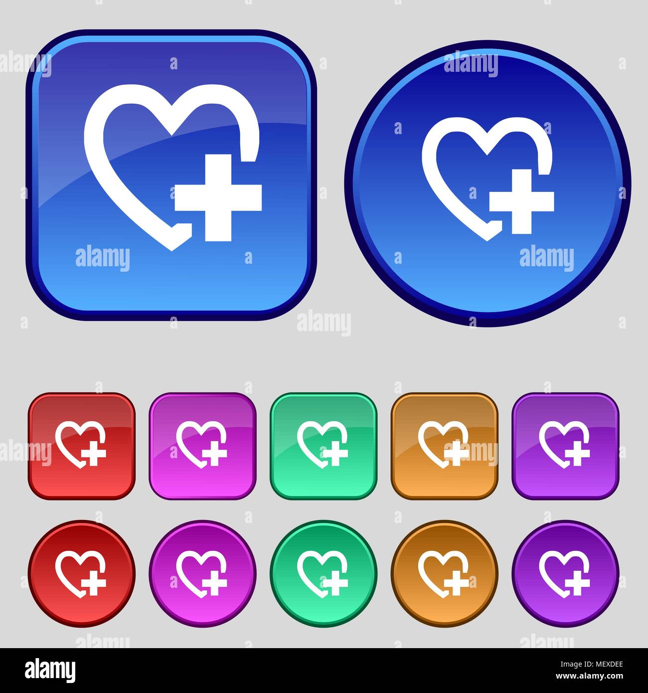 Medical heart sign icon. Cross symbol. Set colourful buttons. Vector ...