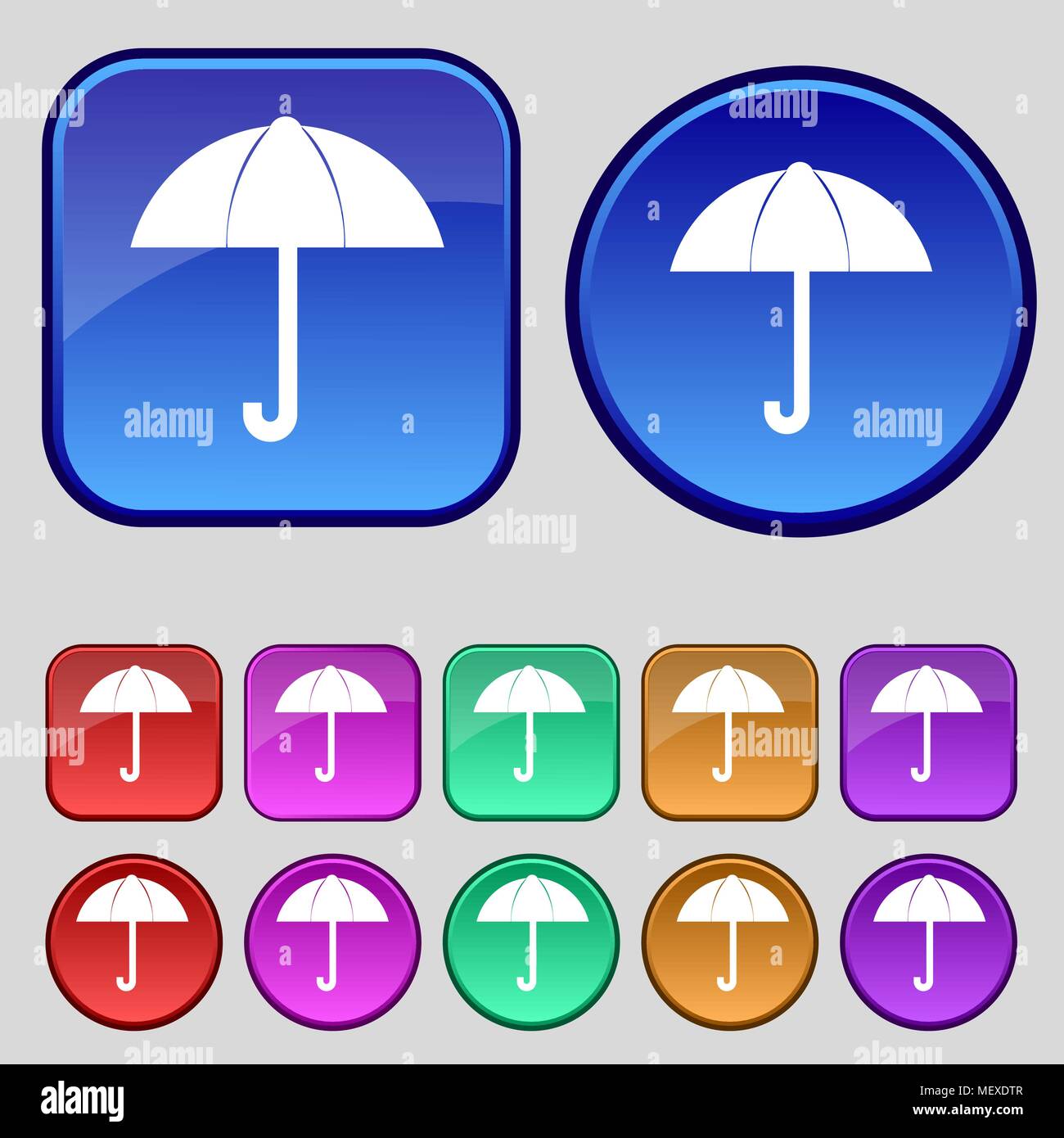 Umbrella sign icon. Rain protection symbol. Set colourful buttons ...