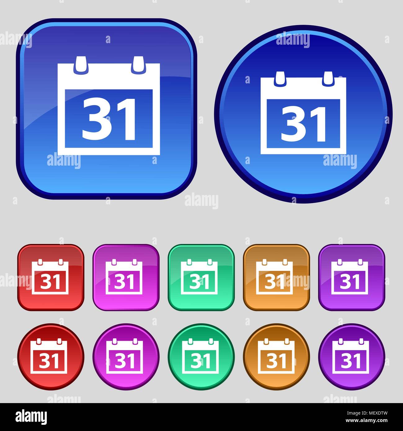 Calendar sign icon. 31 day month symbol. Date button. Set colourful ...